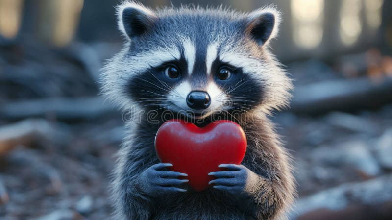 Adorable Raccoon Holding a Red Heart Stock Illustration - Illustration ...