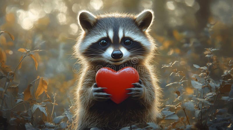 Adorable Raccoon Holding Red Heart in Forest Setting Stock Illustration ...