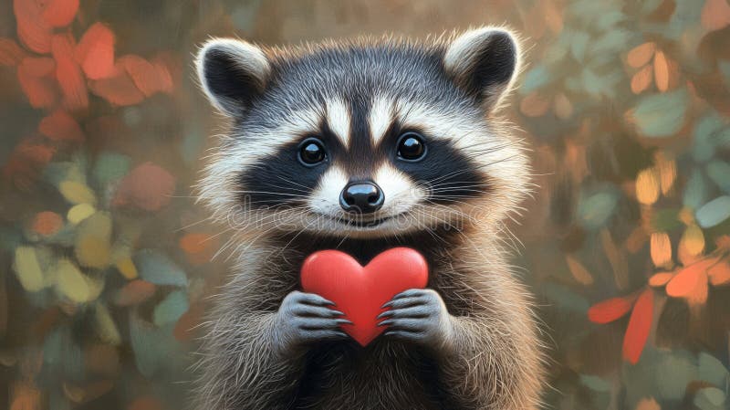 Adorable Raccoon Holding a Red Heart Lovingly Stock Illustration ...