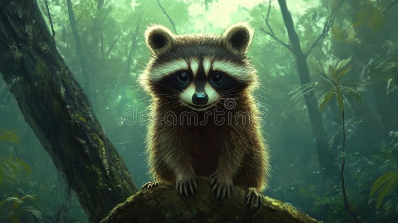Adorable Raccoon in Lush Green Forest Stock Illustration - Illustration ...