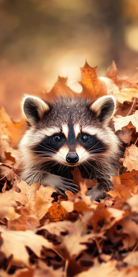 Adorable Raccoon Peeking through Autumn Leaves in a Forest Setting ...
