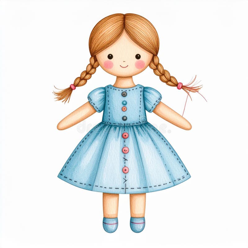 Adorable Rag Doll with Braids in Light Blue Dress Stock Illustration ...