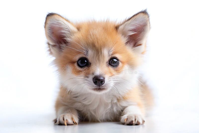 Adorable Red Fox Kit Lying Down, Looking at Camera, Isolated on White ...