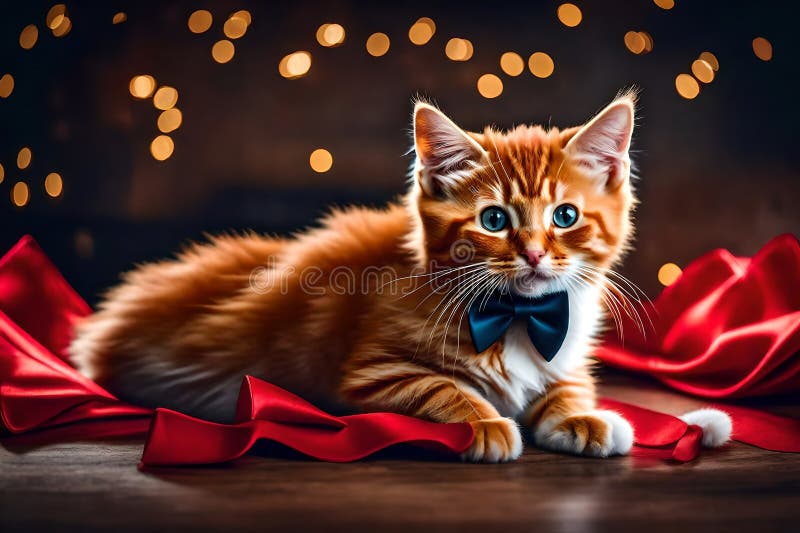 Adorable Red Kitty with a Bow Tie. Stock Illustration - Illustration of ...