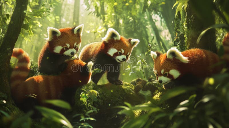 Adorable Red Panda Cubs in Lush Green Forest Stock Illustration ...