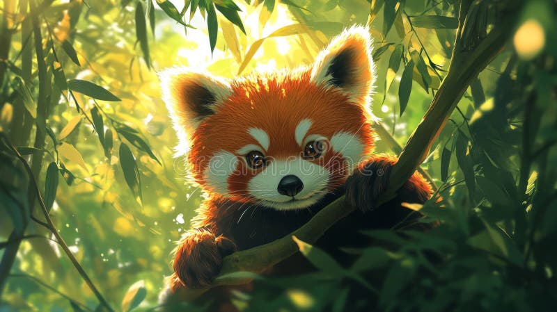 Adorable Red Panda among Lush Green Foliage Stock Illustration ...