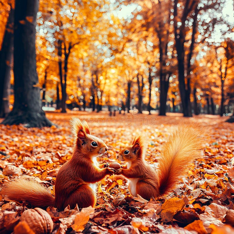 Adorable Red Squirrels Sharing a Nut in Autumnal Park Setting Stock ...