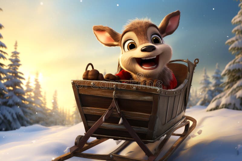 Adorable Reindeer Riding Sleigh. Generative Ai Stock Illustration ...