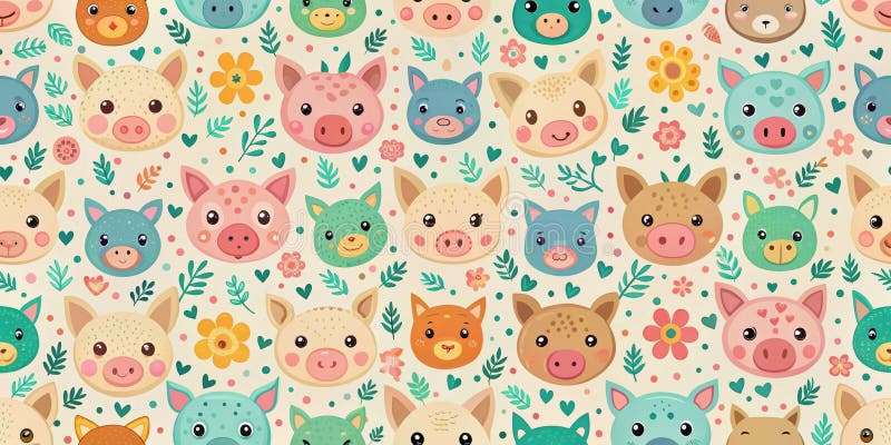 Adorable Repeating Pattern of Cute Animal Faces with Floral Elements ...