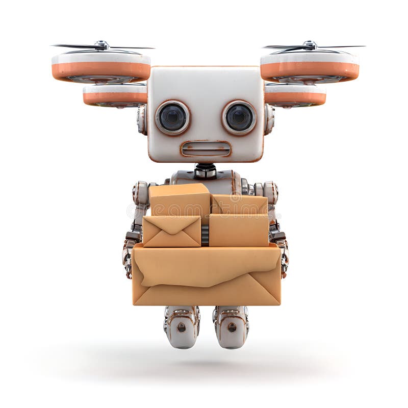 Adorable Retro Robot Drone Delivers Packages Stock Illustration ...