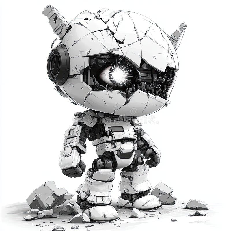 Adorable Robot with One Eye Flickering, Cracked Exterior, Standing ...