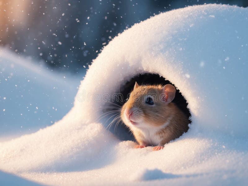 Adorable Rodent Peeking from Snowy Winter Burrow. Stock Image - Image ...