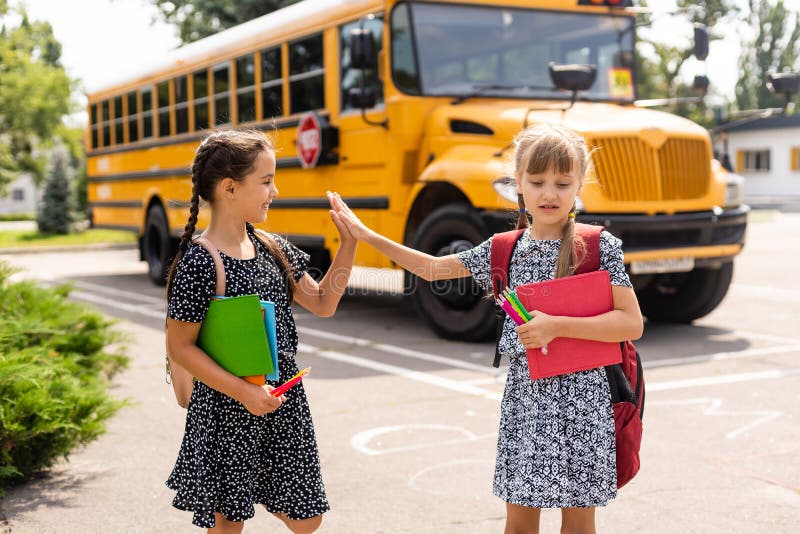 Adorable Schoolchildren Running To School Bus Stock Image - Image of ...