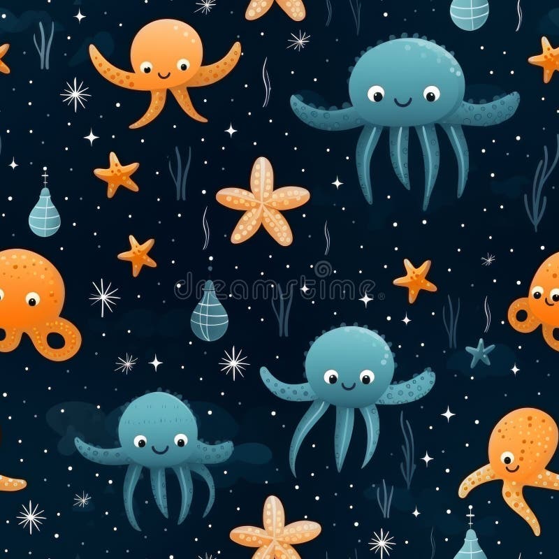 Adorable Sea Creatures Pattern for Kids Textile, Gift Wrapping ...