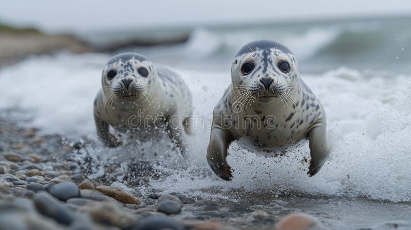 Adorable Seals Playing on a Rocky Beach Stock Illustration ...
