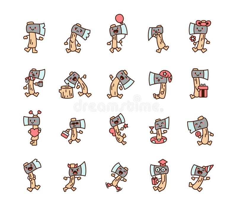 Adorable Set of Cute Kawaii Axe Characters Stock Vector - Illustration ...