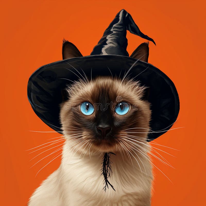 Adorable Siamese Cat in a Witch Hat with Vibrant Blue Eyes. Stock Image ...