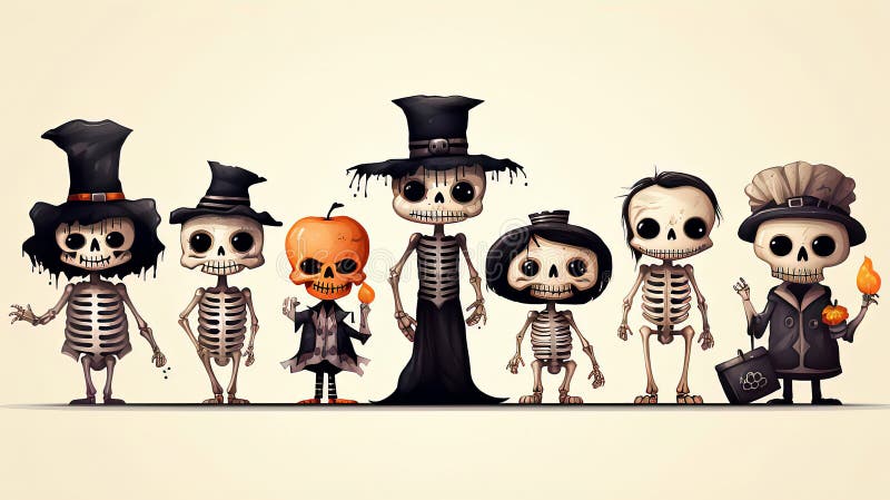 Adorable Skeletons in Halloween Costumes Stock Illustration ...