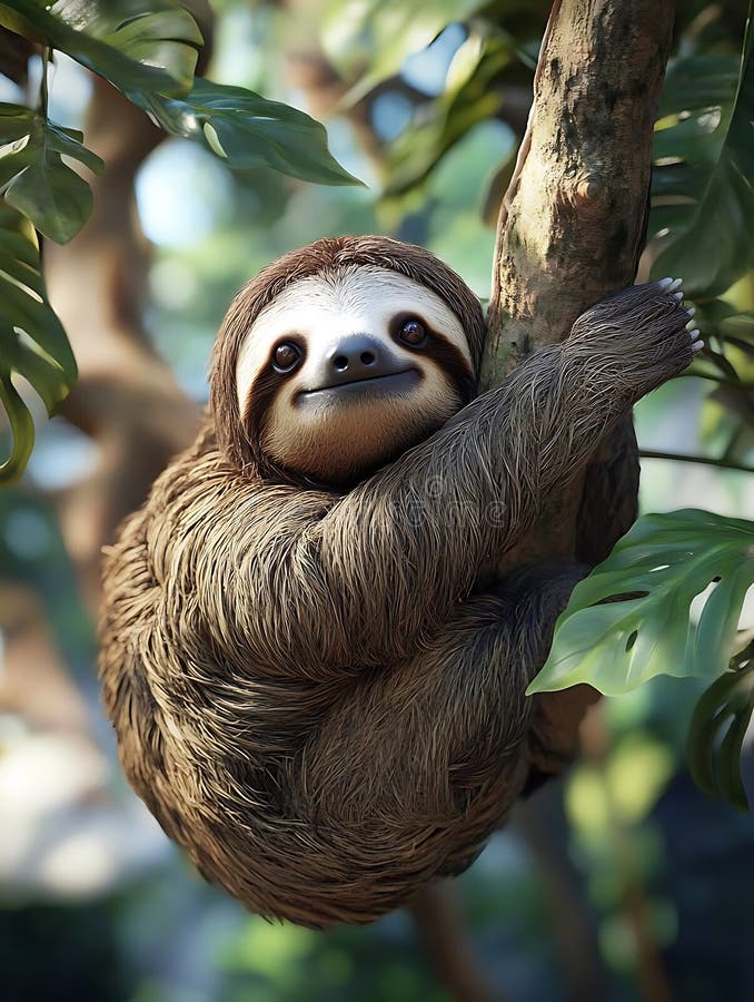 Adorable Sloth Hangs Playfully from a Tree Showcasing Its Charming ...