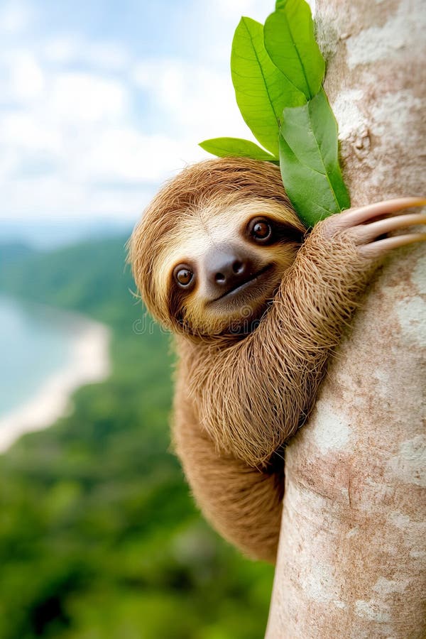 Adorable Sloth Hugging Tree in Lush Tropical Forest Stock Illustration ...