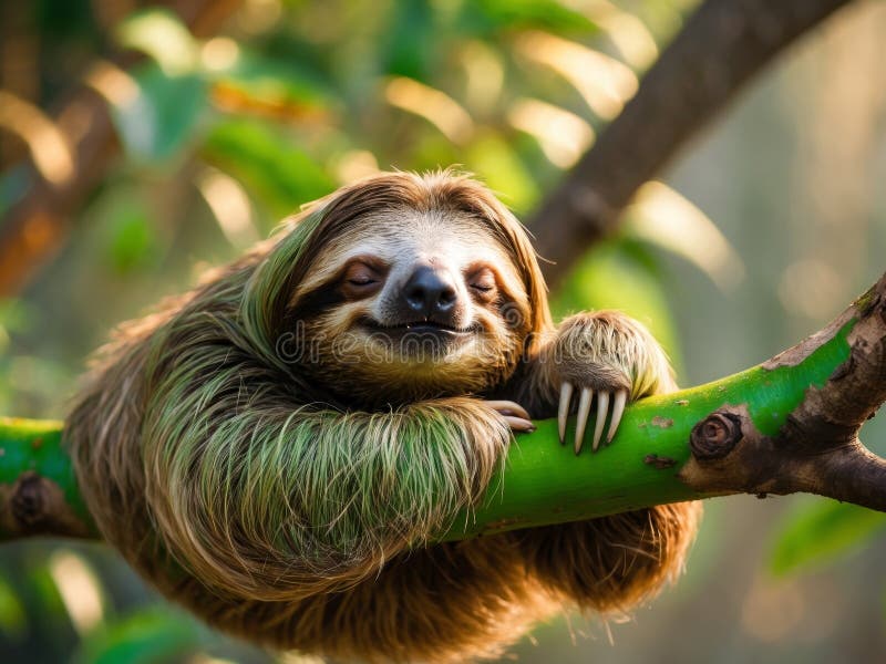 Adorable Sloth Napping Peacefully on a Lush Green Tree Branch Stock ...