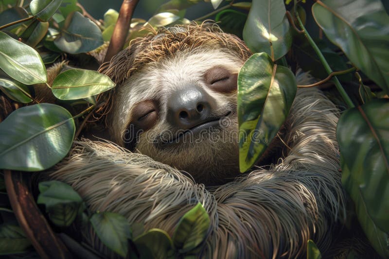 Adorable Sloth Smiling and Sleeping among the Leaves Stock Illustration ...