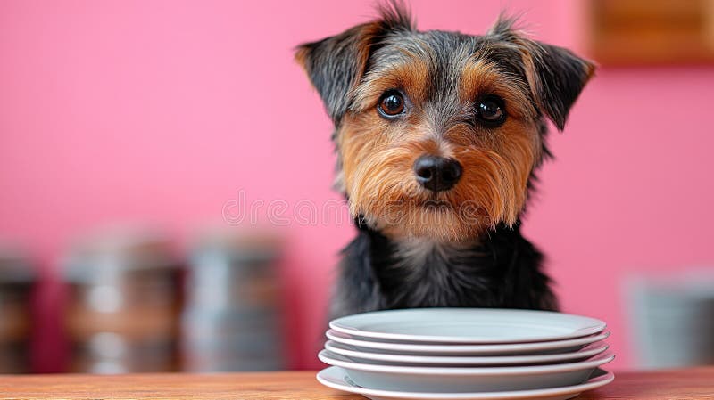 Adorable Small Dog Sits Patiently before a Stack of Empty Plates ...