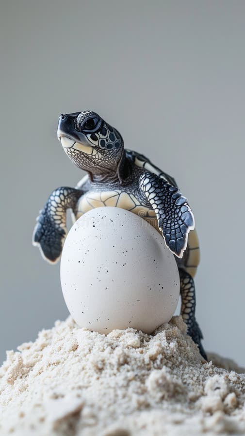 Adorable Small Turtle Perched on a Large White Egg in Sandy Beach ...