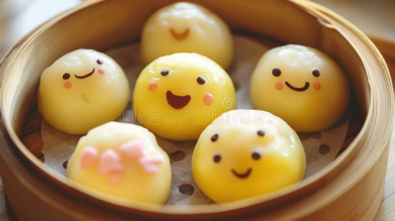 Adorable Smiley Face Dumplings in Bamboo Steamer Basket Stock ...