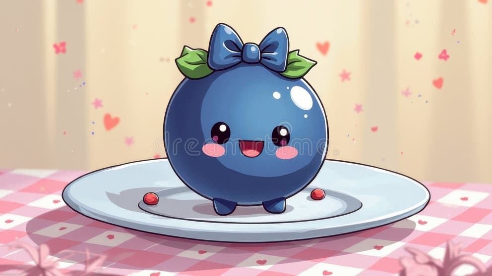 Adorable Smiling Blueberry Character with Bow on Plate Stock ...