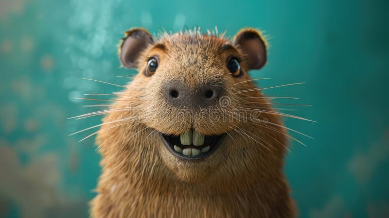 Adorable Smiling Cartoon Capybara on Vibrant Blue Background Stock ...