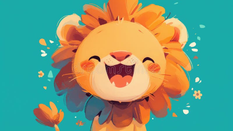 Adorable Smiling Cartoon Lion on Vibrant Teal Background Stock ...