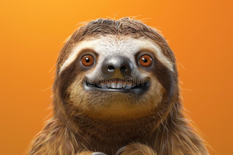 Adorable Smiling Sloth with Bright Eyes and Messy Fur on Orange ...