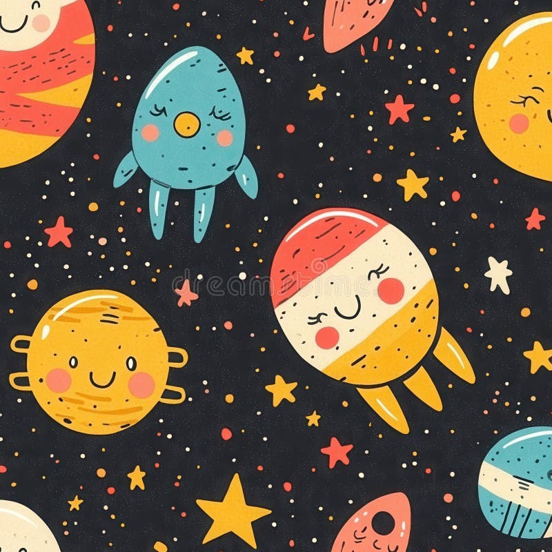 Adorable Space Creatures and Planets with Smiling Faces on a Dark ...