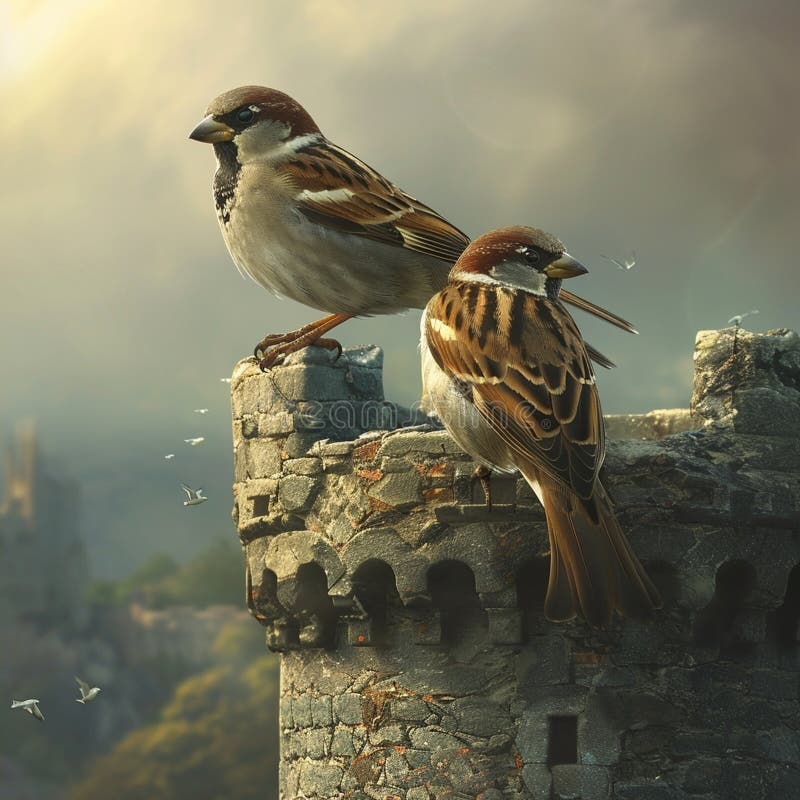 Adorable Sparrows Perch on a Circular Tower, Showcasing Their Playful ...
