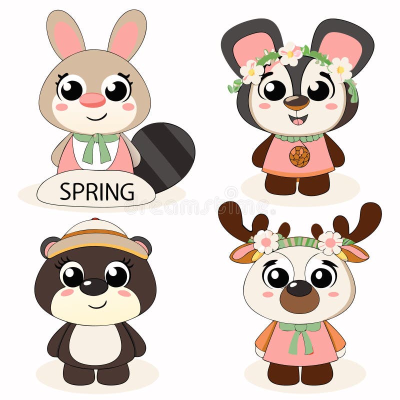 Adorable Spring Animals Cartoon Characters Stock Vector - Illustration ...