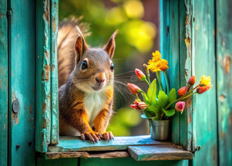 Adorable Spring Squirrel Peeking through a Rustic Teal Window Frame a ...