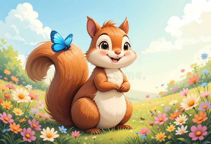 Adorable Squirrel with Butterfly in Spring Meadow Stock Illustration ...