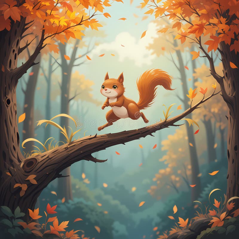 Adorable Squirrel Jumping on a Branch in Fall Woods Stock Illustration ...