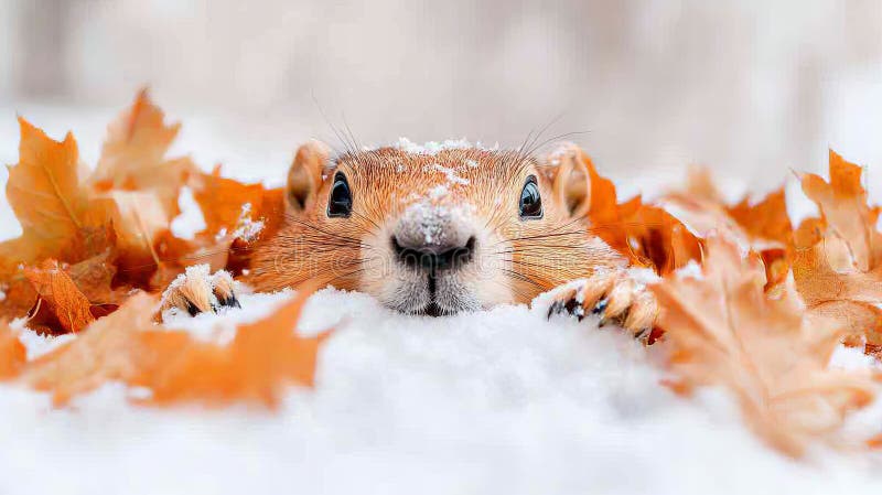 Adorable Squirrel Peeking through Autumn Leaves in Snowy Setting Stock ...