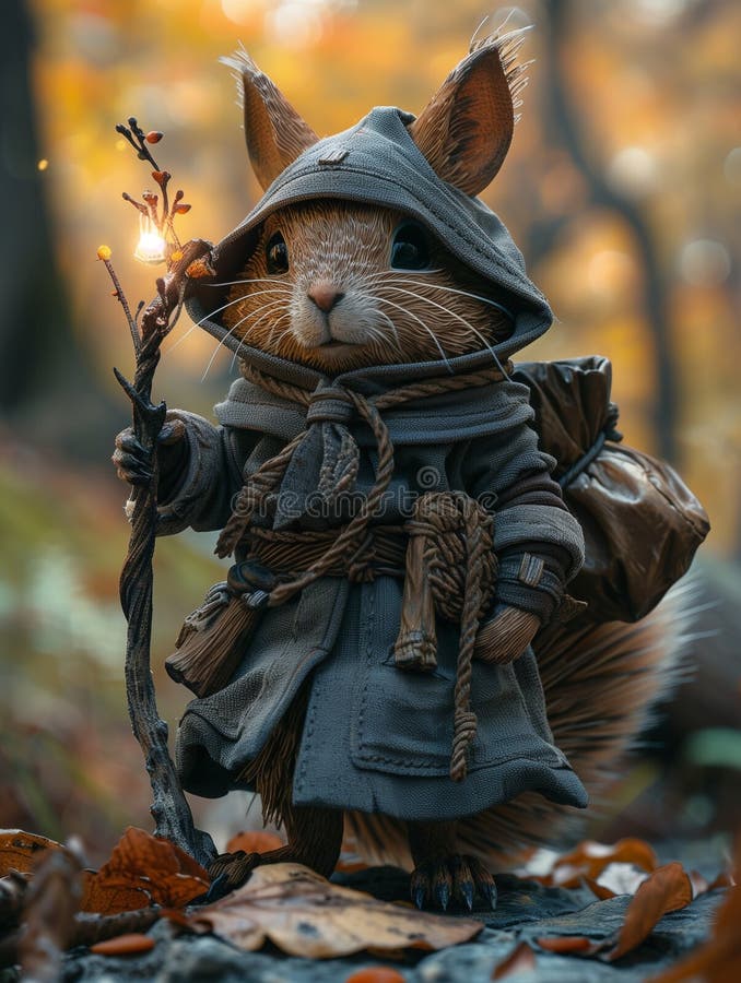 Adorable Squirrel in a Warrior Costume Holding a Wooden Stick, AI ...
