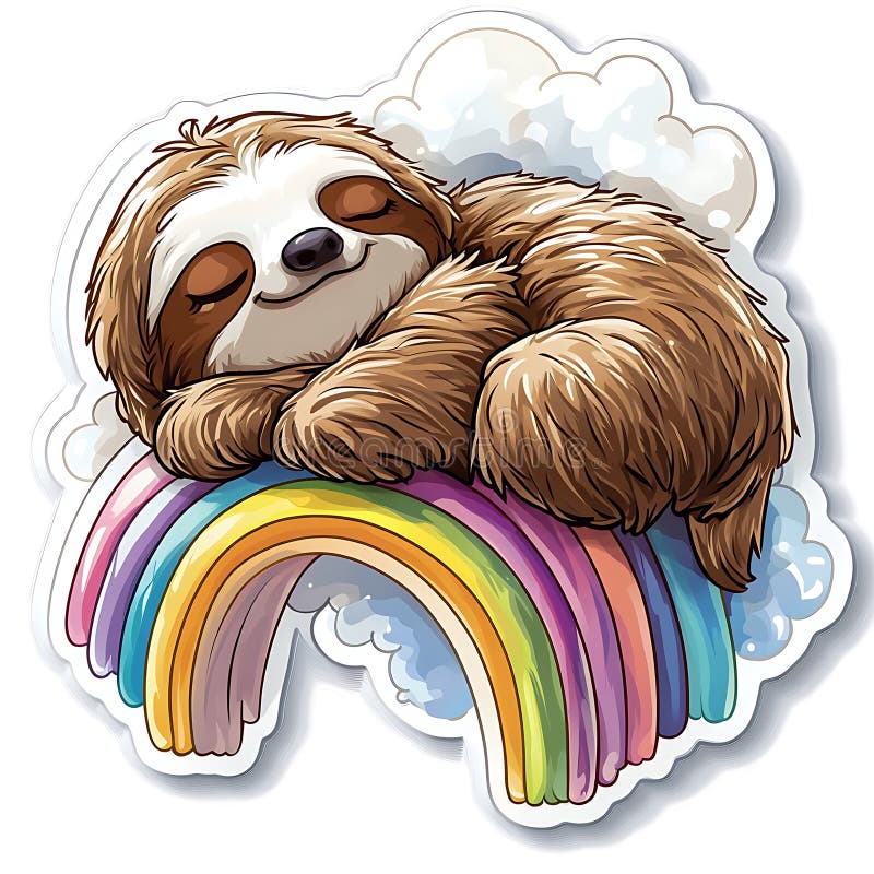 Cute Sleeping Sloth Sticker with Rainbow Background Stock Illustration ...