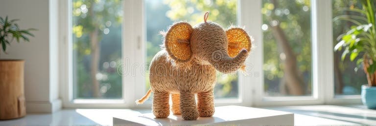 Adorable Straw Elephant Decor in Sunlit Room with Large Windows Stock ...