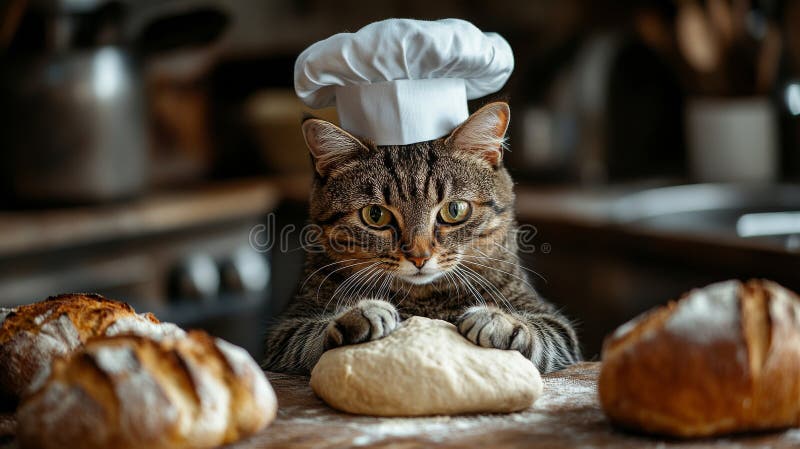 Adorable Tabby Cat As Chef with Dough in Cozy Kitchen Setting Stock ...