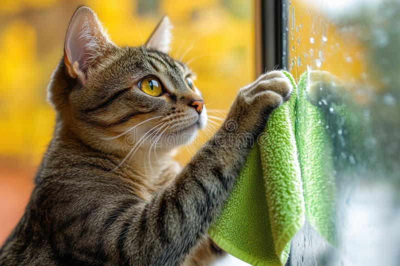 Adorable Tabby Cat Cleaning Window with Green Cloth on a Rainy Day ...