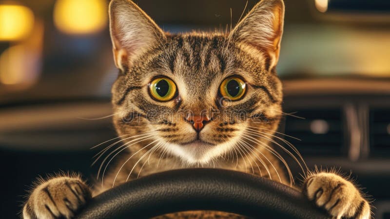 Adorable Tabby Cat Driving with Paws on Steering Wheel in Car Interior ...