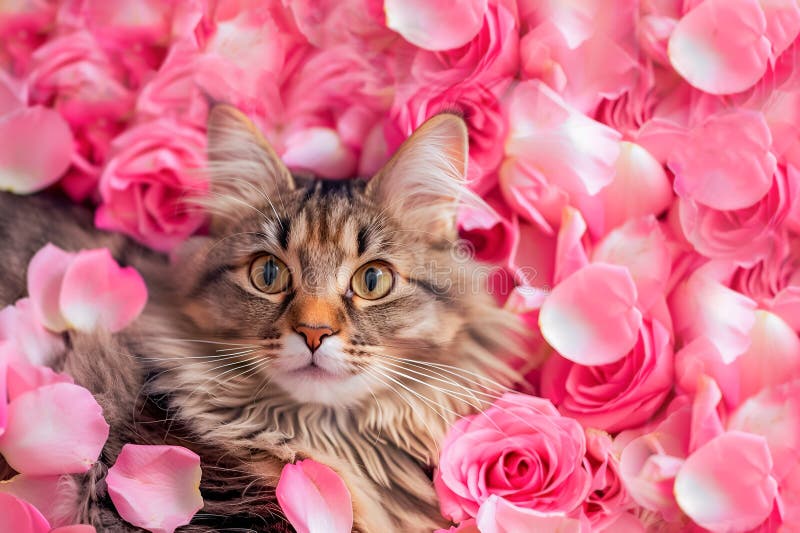 Cat Lying in Pink Rose Petals Stock Photo - Image of romantic ...