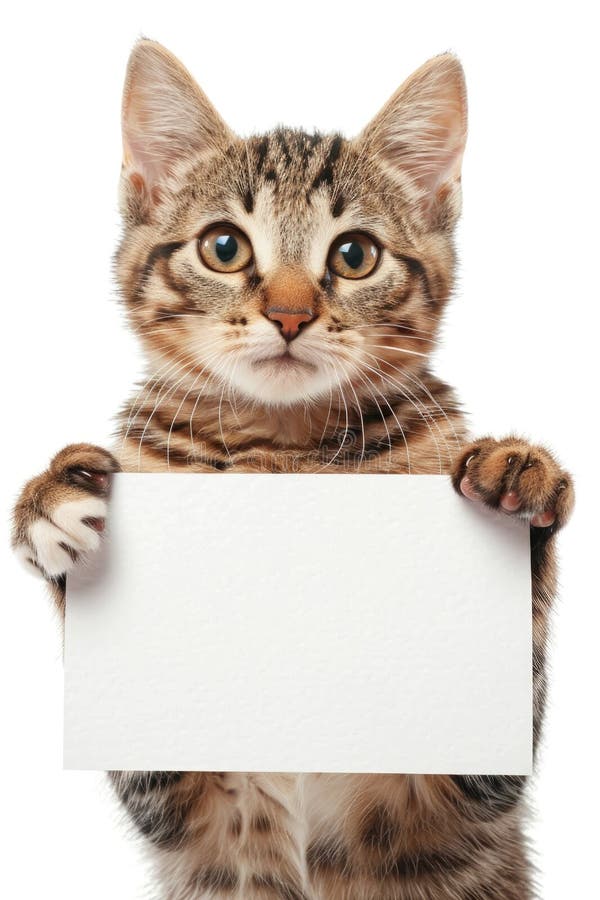 Adorable Tabby Cat Peeking Over Blank White Sign Isolated on White ...