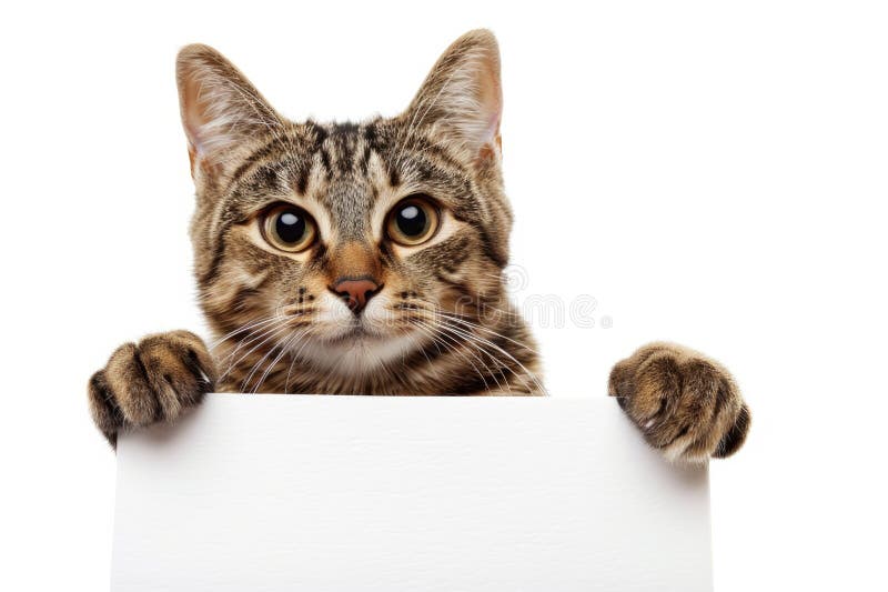 Adorable Tabby Cat Peeking Over Blank White Sign Isolated on White ...