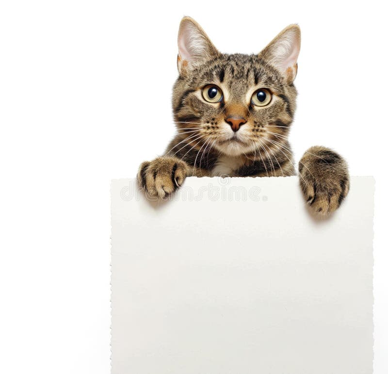 Adorable Tabby Cat Peeking Over Blank White Sign Isolated on White ...